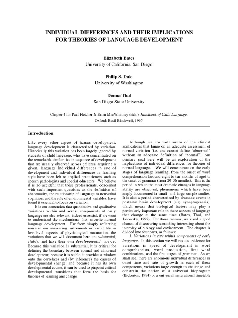 Individual Differences and Their Implications For Theories of Language ...