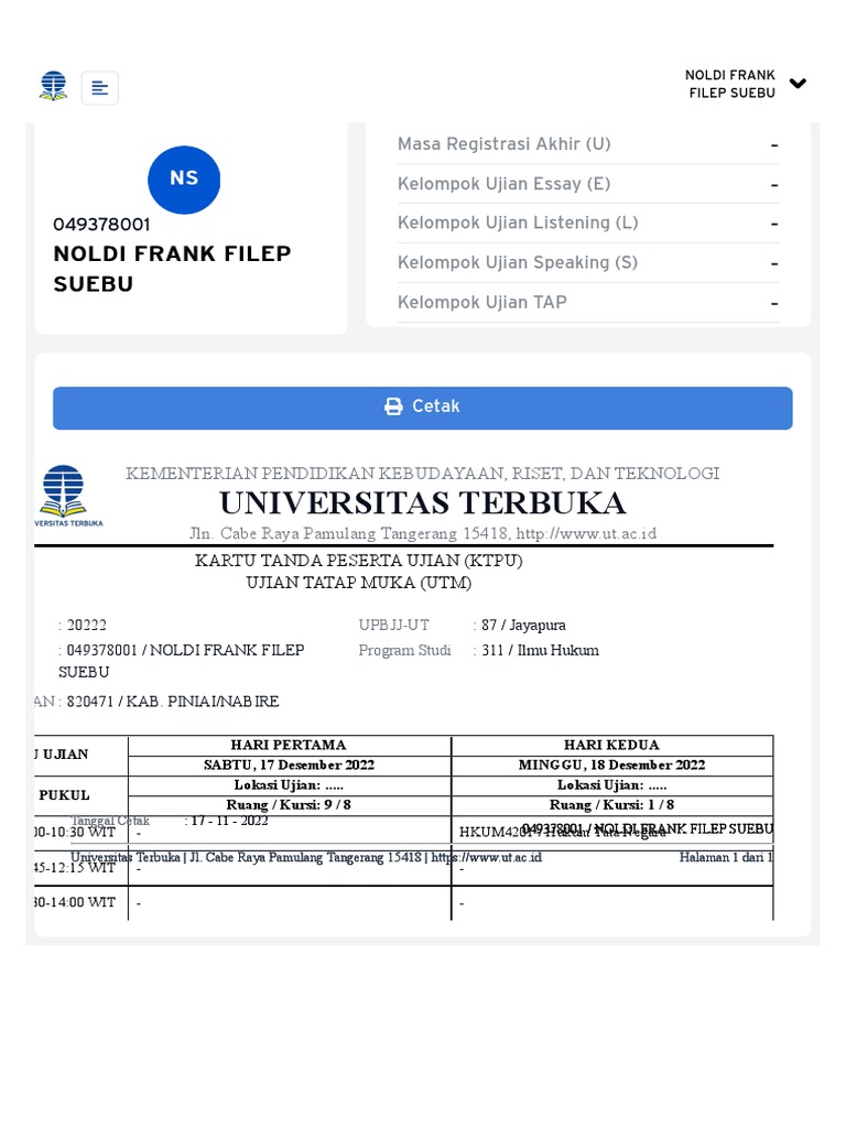 Https:/admisi Sia - Ut.ac - Id/dashboard/tugas Ujian/cetak Kartu Tanda Peser | PDF