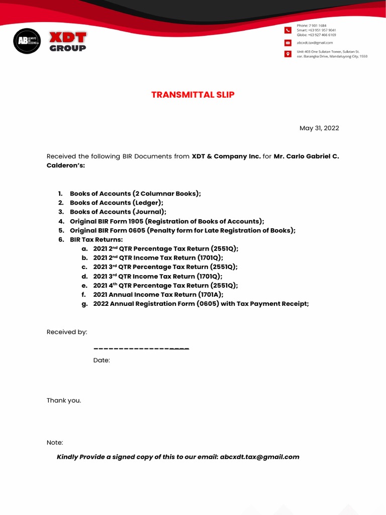 Transmittal Slip - Calderon | PDF