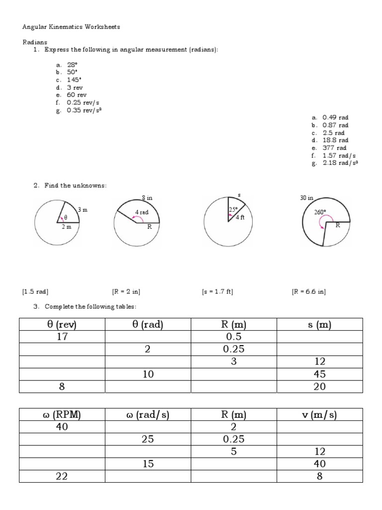 Rotation Kinematics Worksheet With Answers | PDF | Speed | Kinematics
