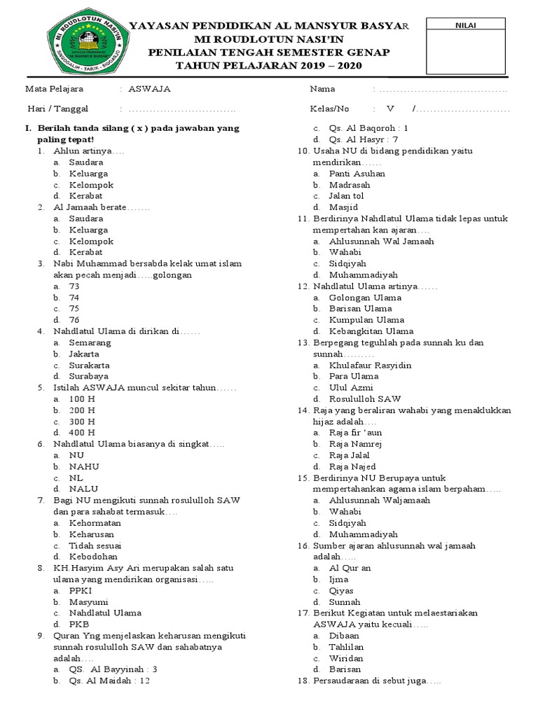 SOAL PTS (1) Kls5 ASWAJA | PDF