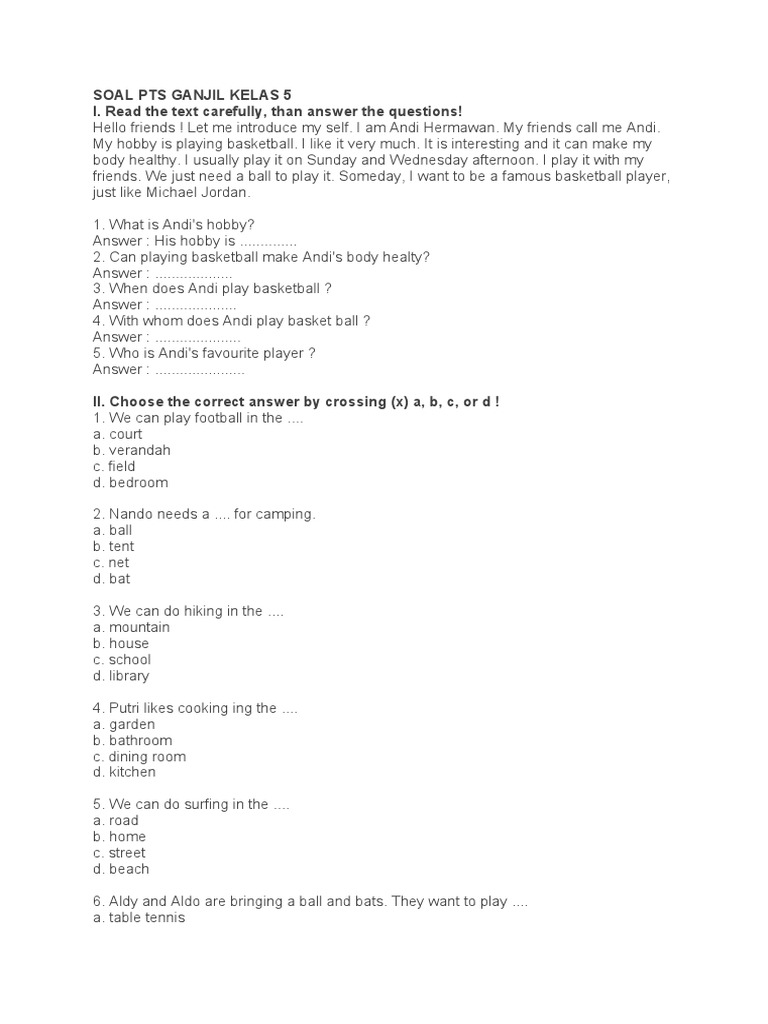 Soal PTS Ganjil Kelas 5 BHS Inggris | PDF