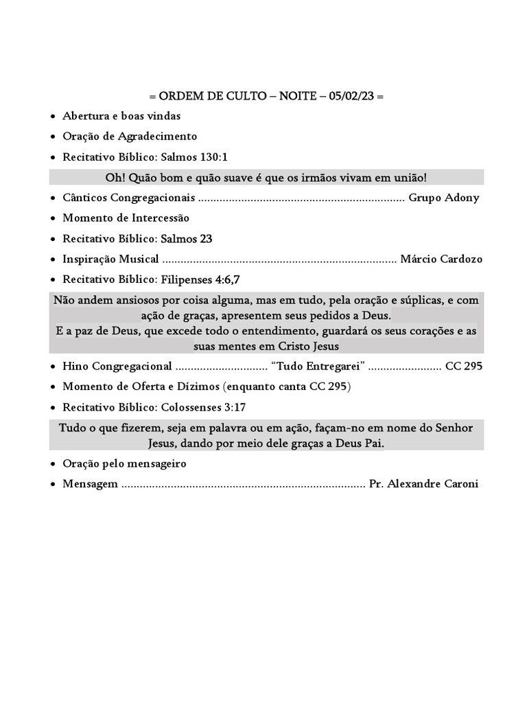ORDEM DE CULTO - 05.02.23 (Noite) | PDF
