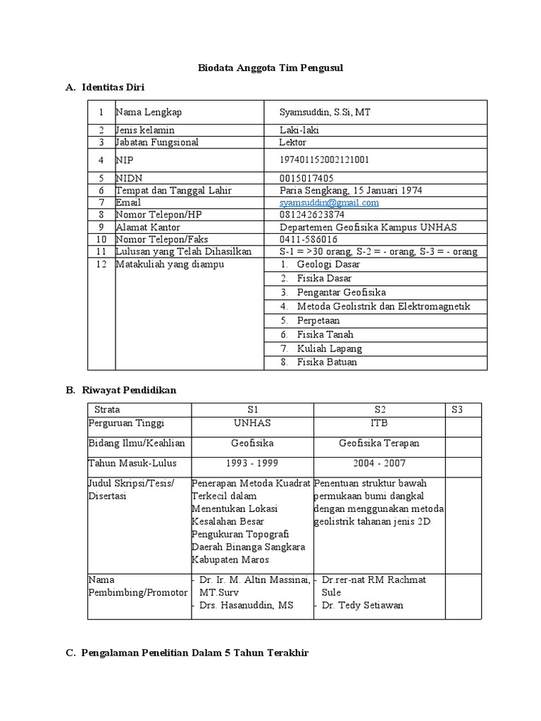 Biodata Syamsuddin, Lektor Geofisika UNHAS | PDF