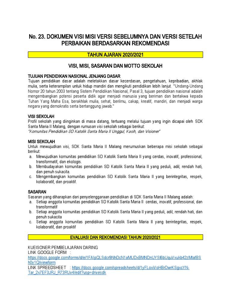 Dokumen Visi Misi Versi Sebelumnya Dan Versi Setelah Perbaikan Berdasarkan Rekomendasi | PDF