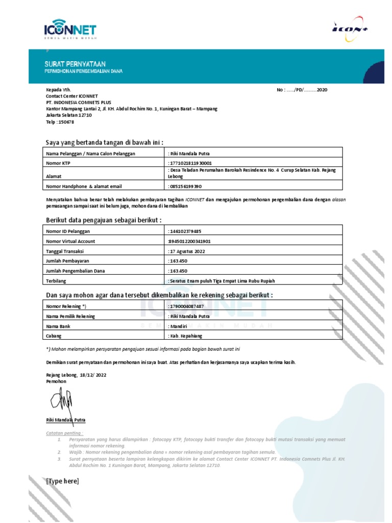 Formulir Pengajuan Refund ICONNET 2021 111859 | PDF