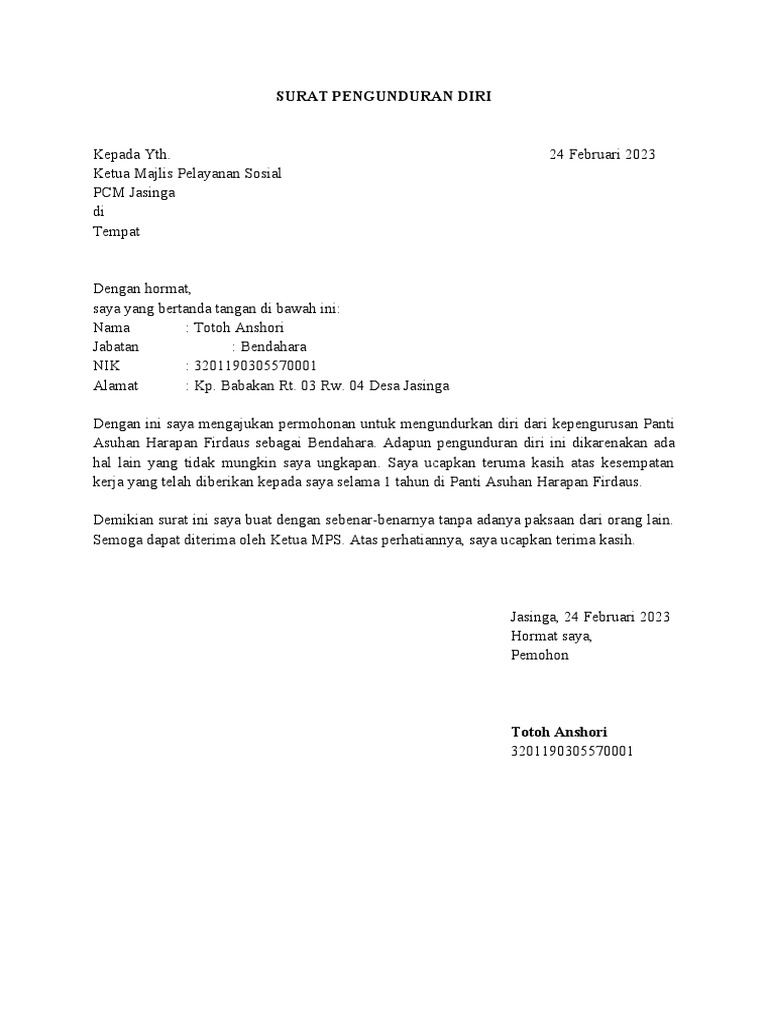 Surat Resign Simple Atau Sederhana | PDF