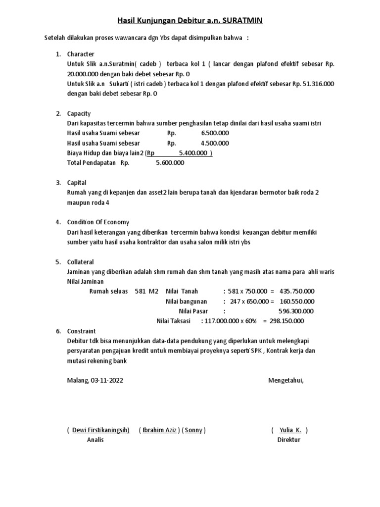 Hasil Kunjungan Debitur Singkat | PDF