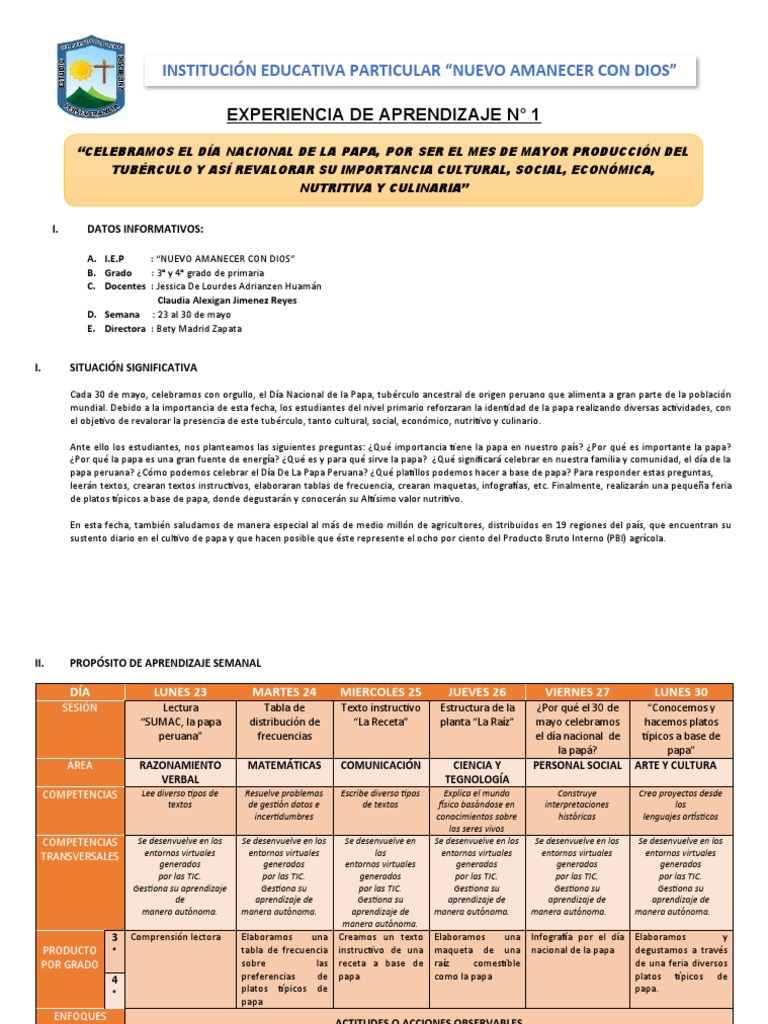 Experiencia de Aprendizaje N 1 | PDF | Patata | Aprendizaje
