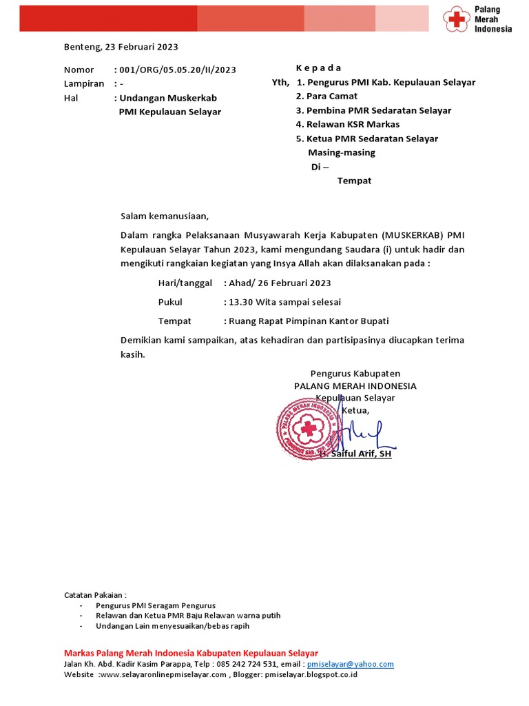 Undangan Muskerkab PMI Selayar 2023 | PDF