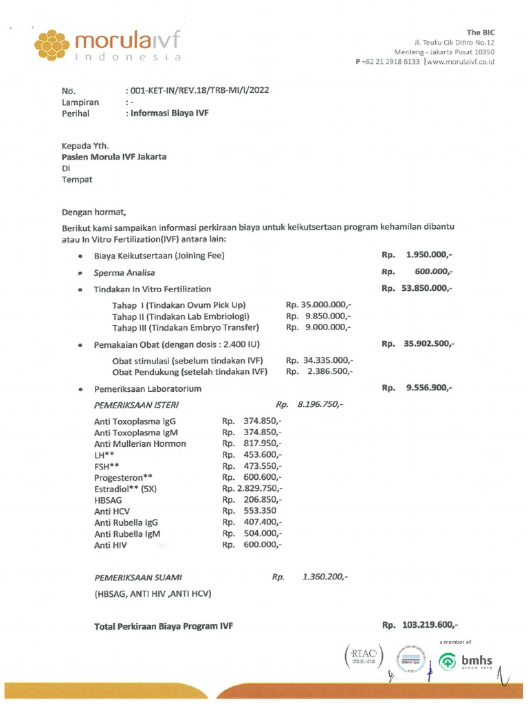 001-KET (Informasi Biaya IVF) Rev 18, 26 Jan 2022 (Dosis 2400 IU) | PDF