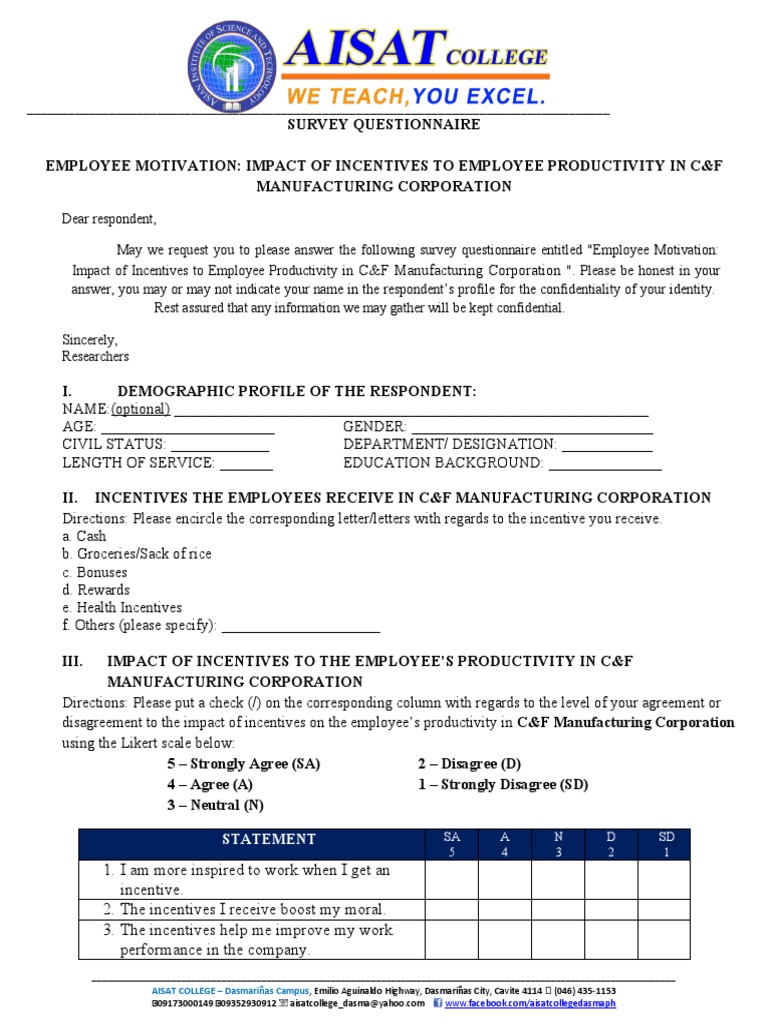 Survey Questionnaire 1 | PDF | Incentive | Business