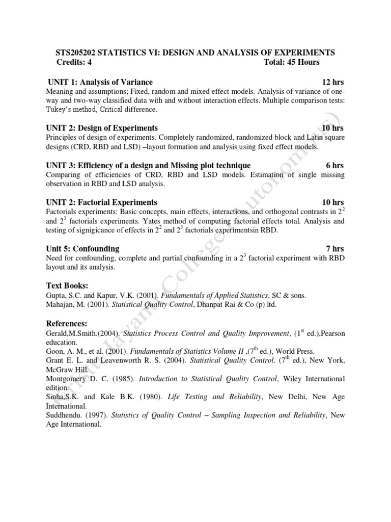 Design and Analysis of Experiments Syllabus | PDF | Teaching Methods ...