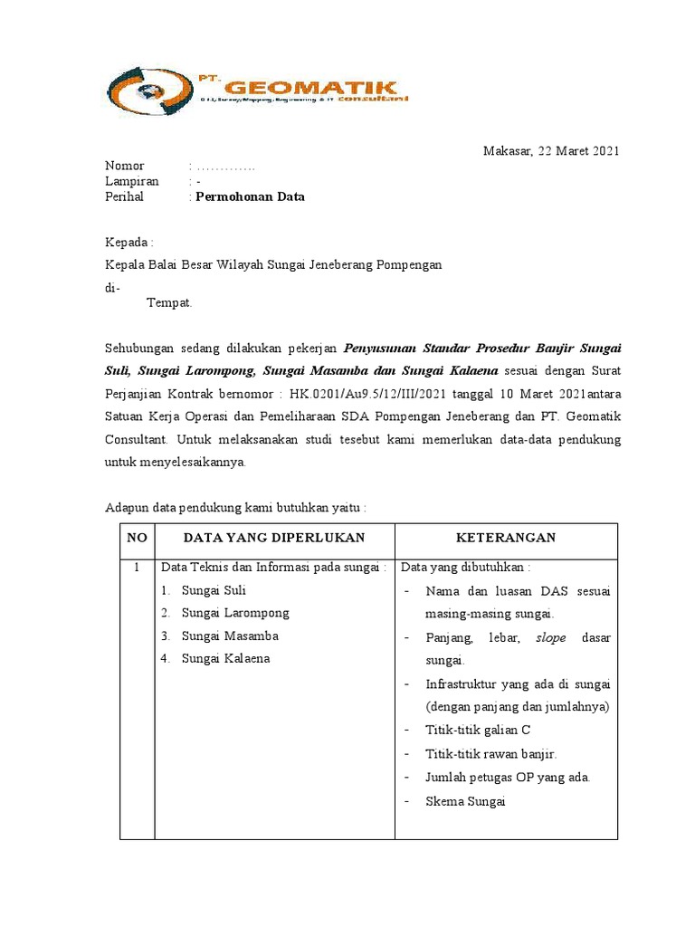 Surat Permintaan Data - PT Geomatik | PDF
