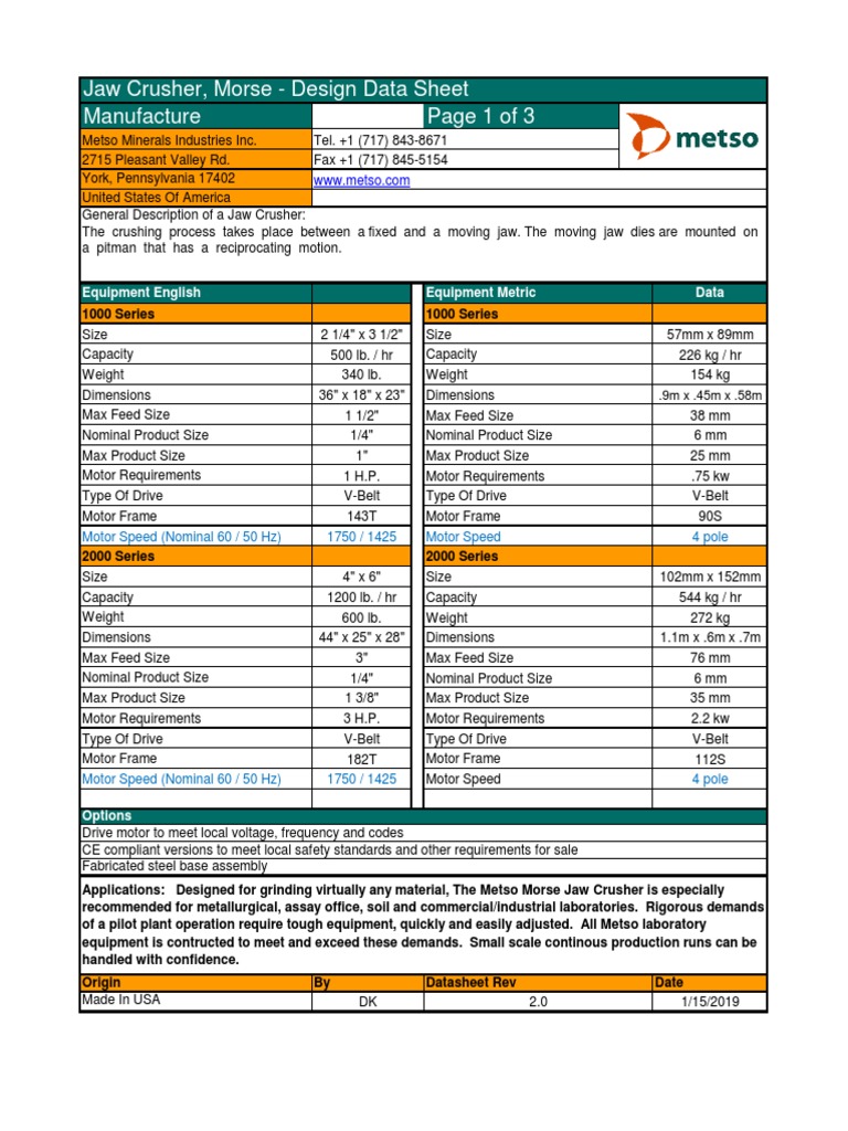Morse, Jaw Crusher - Datasheet | PDF | Manufactured Goods | Secondary Sector Of The Economy