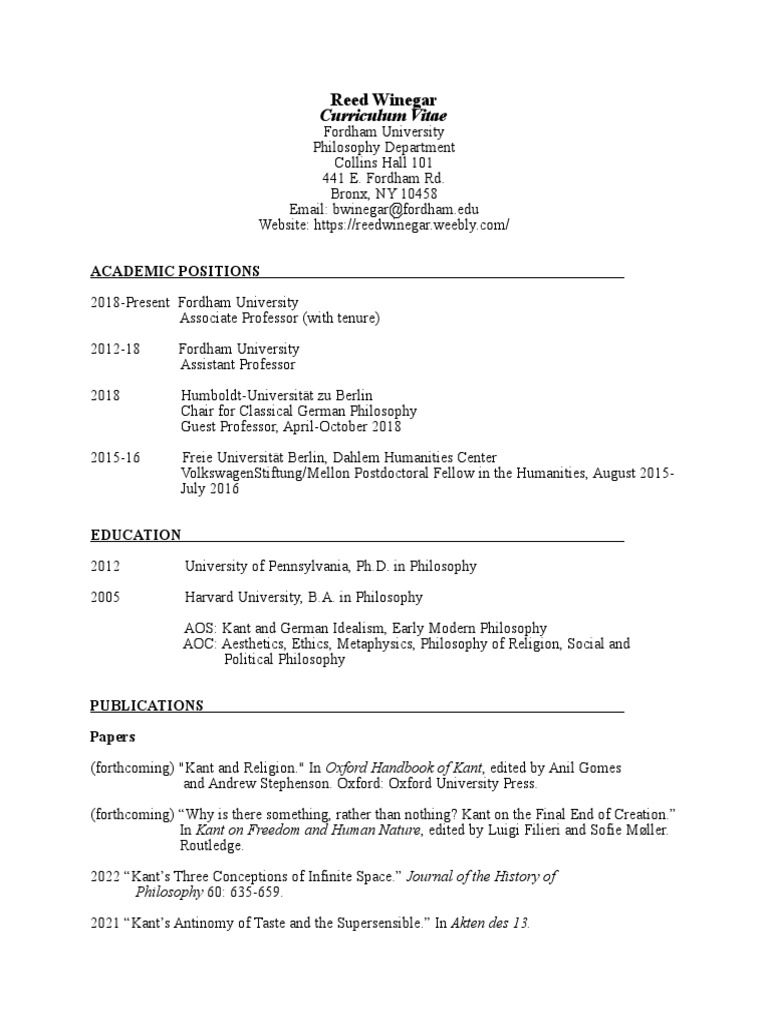 Winegar CV January 2023 | PDF | Immanuel Kant | Georg Wilhelm Friedrich ...