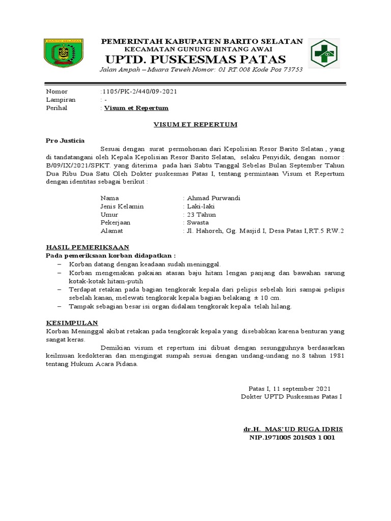 Contoh Visum Et Repertum Meninggal | PDF