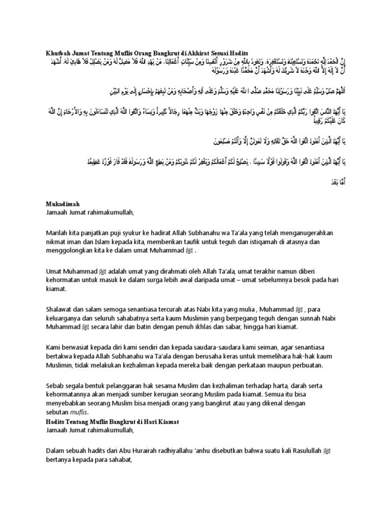 Khutbah Jumat Tentang Muflis Orang Bangkrut Di Akhirat Sesuai Hadits ...