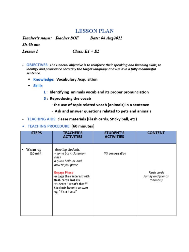 LESSON PLAN 1 G1+G2 Animals | PDF | Flashcard | Vocabulary