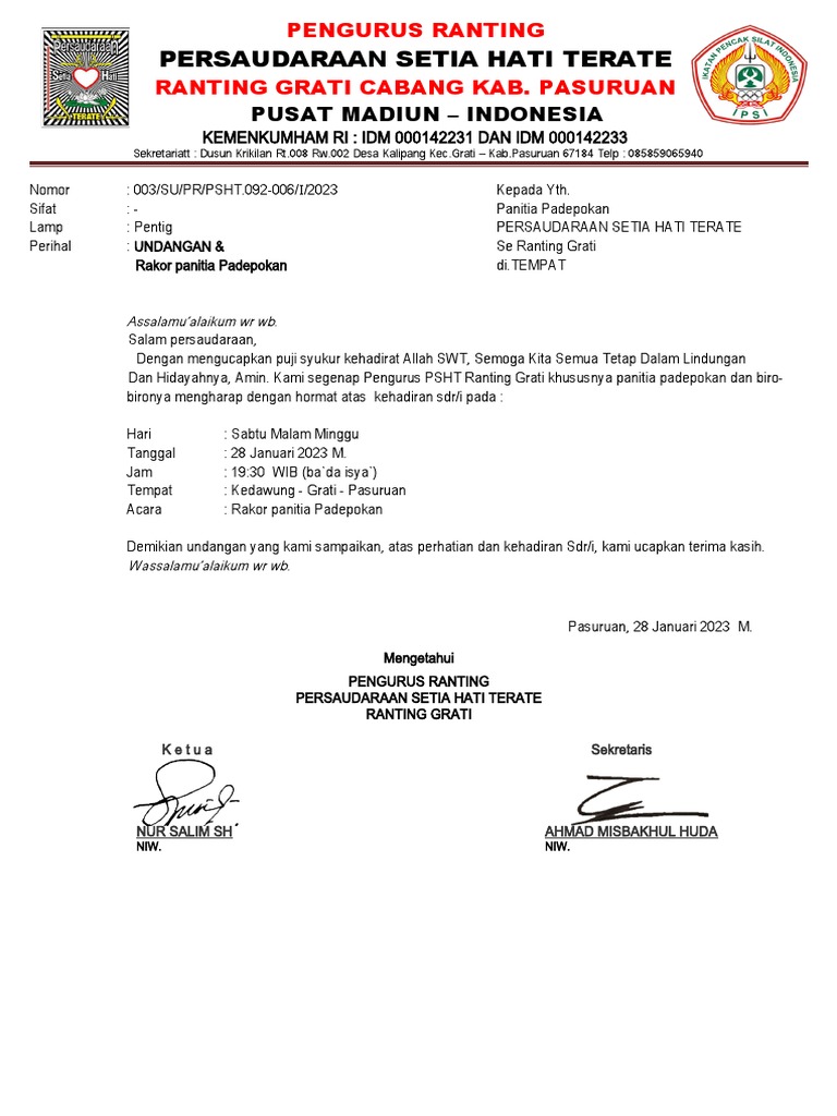 Surat Undangan Rakor Padepokan Ranting Grati | PDF