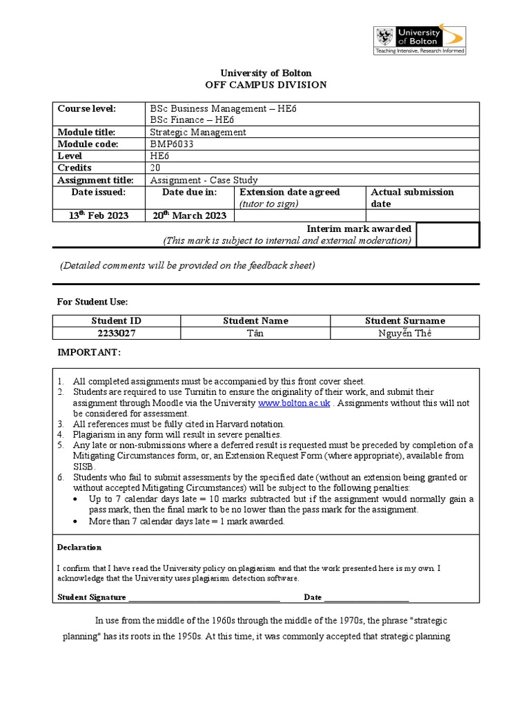 Assignment Front Cover Page | PDF | Strategic Management | Strategic ...