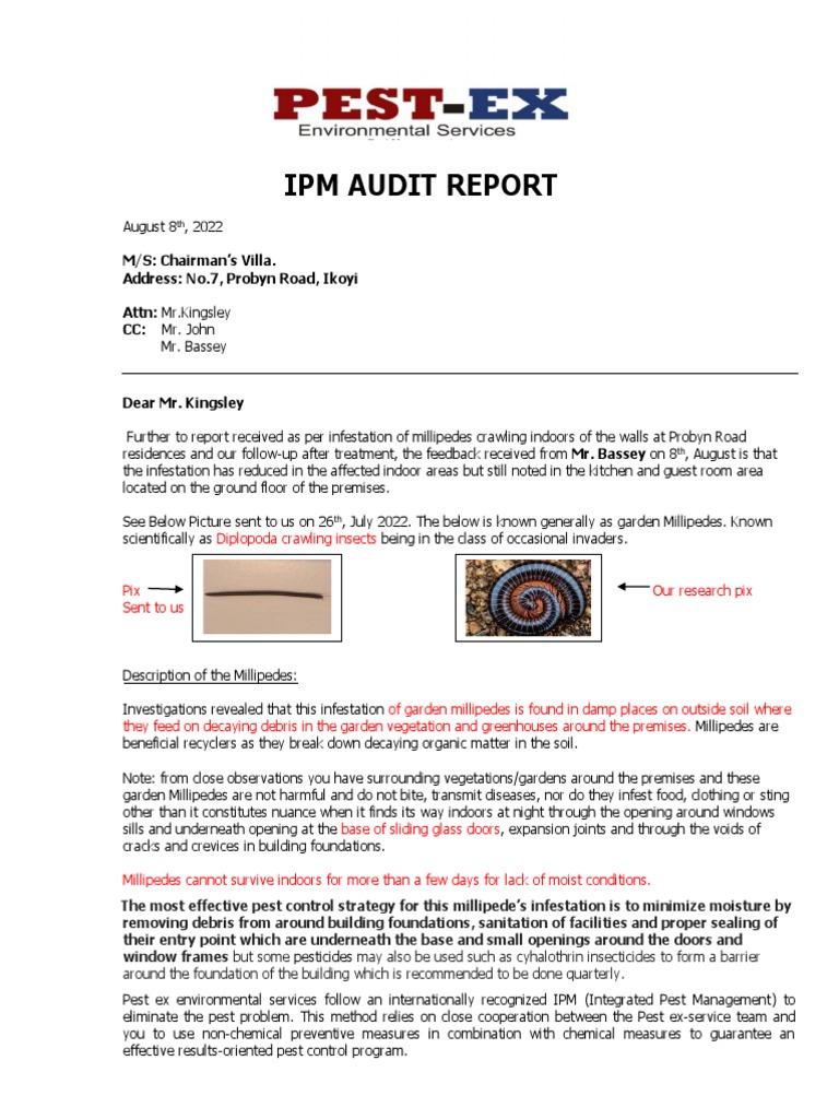 IPM Inspection Report On Infestation of Milipedes at Probyn Road. | PDF ...