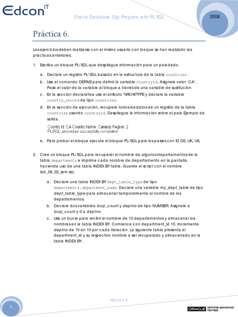 Practica Leccion 6 Pdf Pl Sql Sql