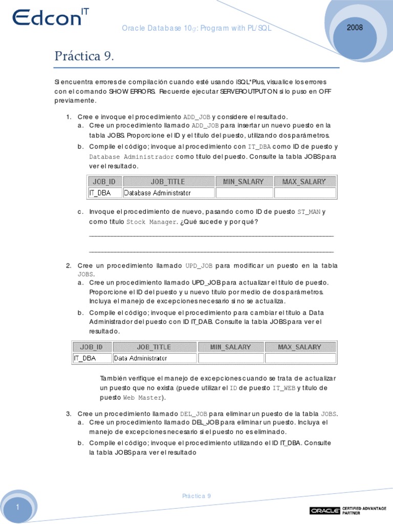 Practica Leccion 9 | Descargar gratis PDF | SQL | Pl / Sql