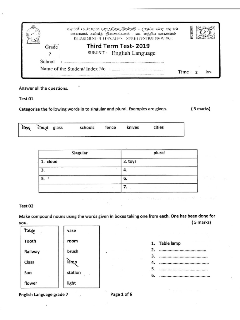 English - Grade 7 - Third Term Test 2019 - North Central Province | PDF