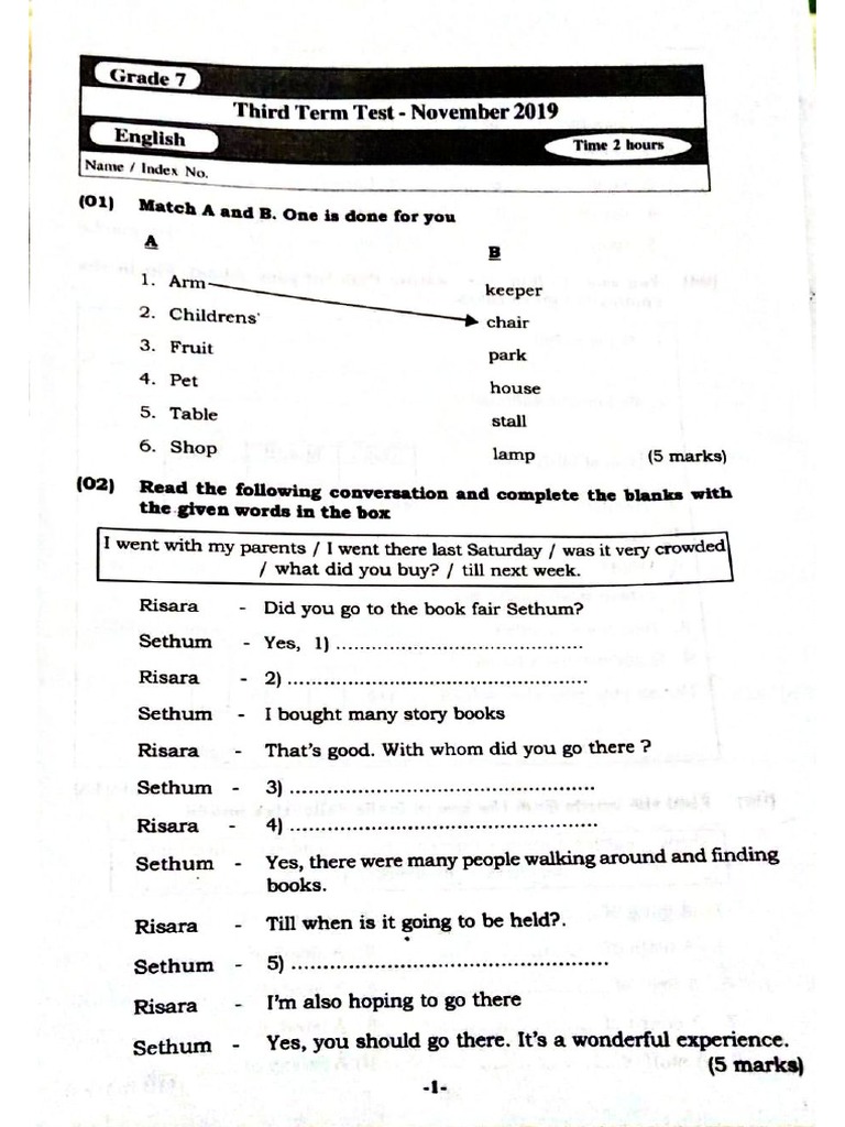 English - Grade 7 - Third Term Test 2019 - Welimada Zone | PDF