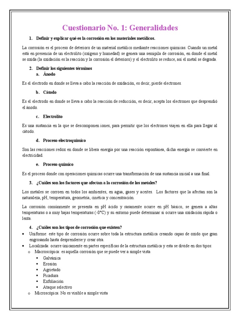 Cuestionarios No. 1, 2 y 3 | PDF | Corrosión | Redox