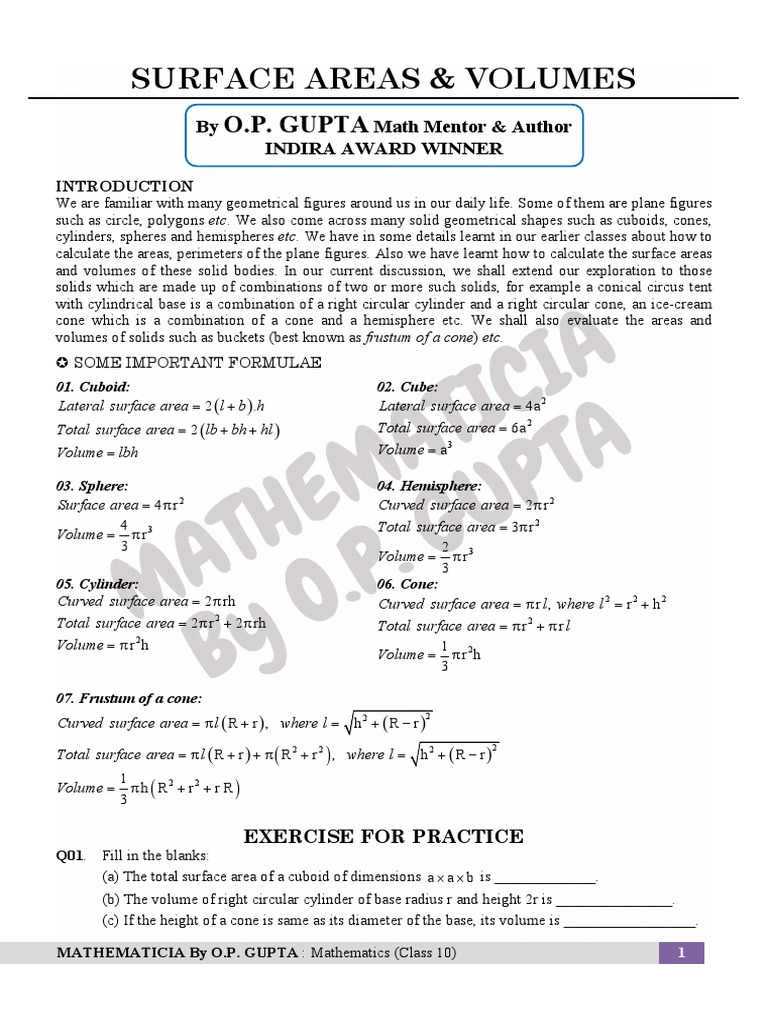 Surface Areas & Volumes | PDF | Sphere | Area