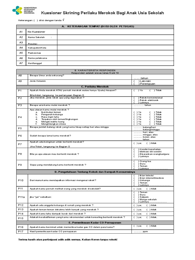 Form Skrining Merokok Anak Sekolah | PDF