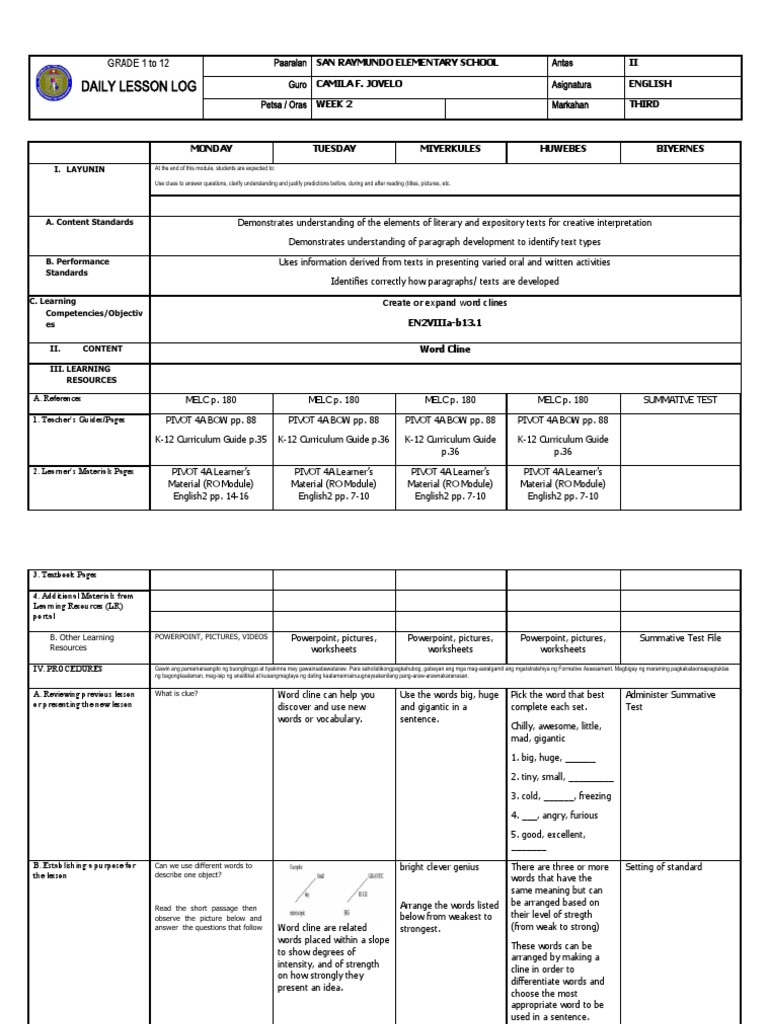 Grade 1-12 English Lesson on Using Word Clines | PDF | Curriculum ...