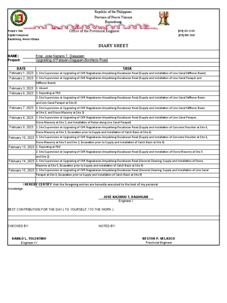 Diary Sheet - February 01, 2023 To February 15, 2023 | PDF | Building ...
