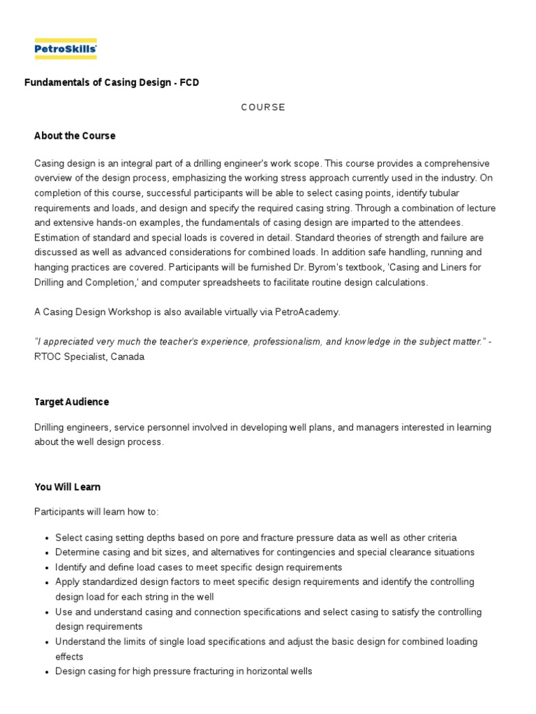 Course Fundamentals of Casing Design - FCD | PDF | Casing (Borehole ...