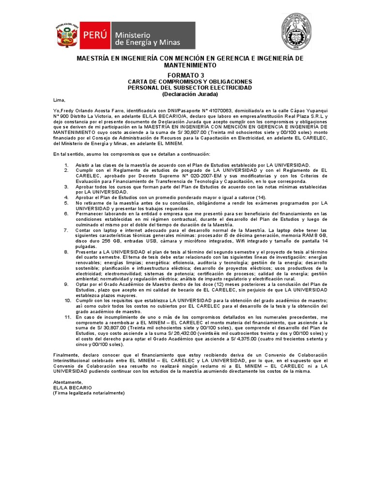 Carta de Compromisos y Obligaciones | PDF