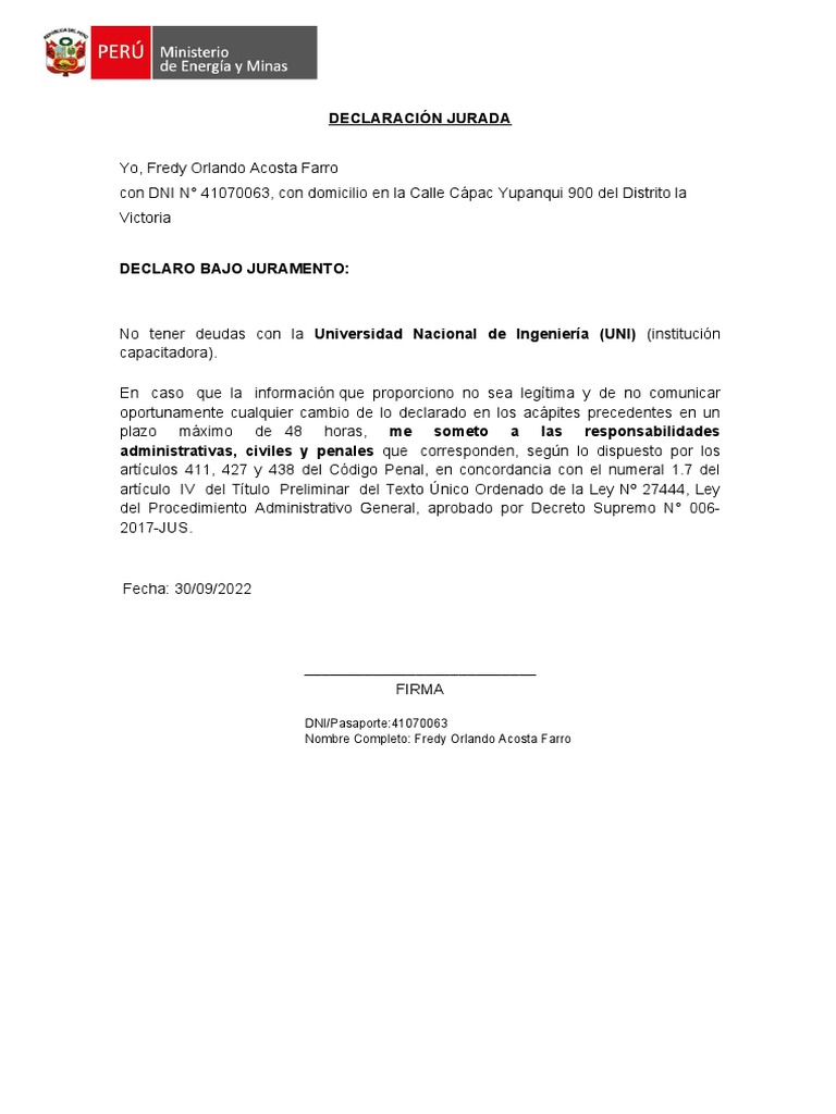 Declaración Jurada Deuda | PDF