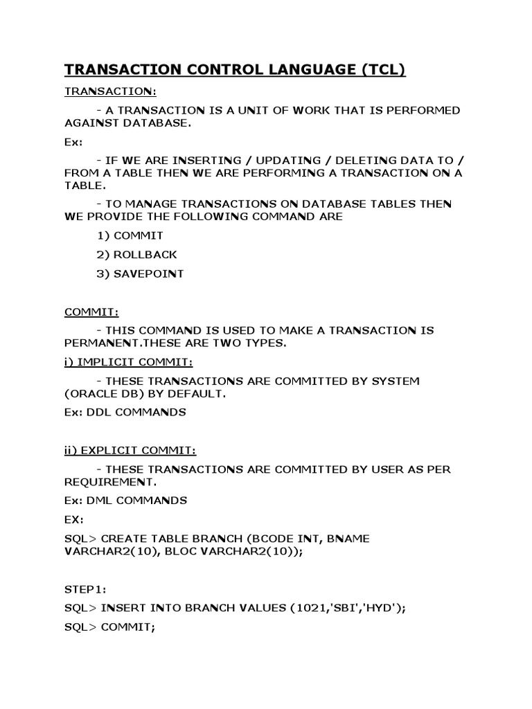 Transaction Control Language (TCL) | PDF | Database Transaction ...