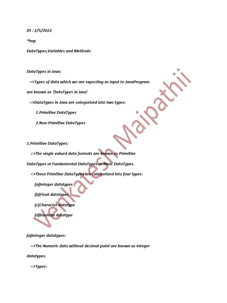 Data Types Variables And Methods In Java A Comprehensive Guide Pdf Data Type Integer