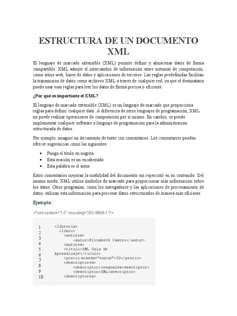Estructura y elementos de un documento XML: explicación detallada | PDF | Xml | Lenguaje de ...