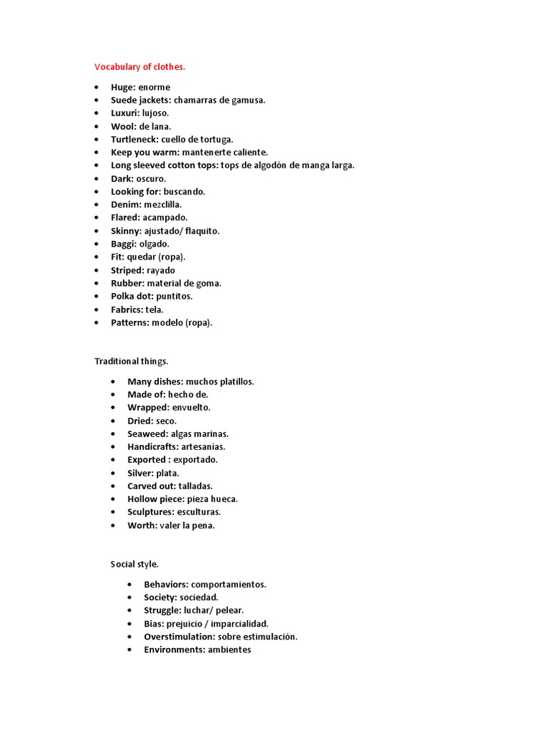 Vocabulario de Ropa y Cultura Social | PDF | Textiles