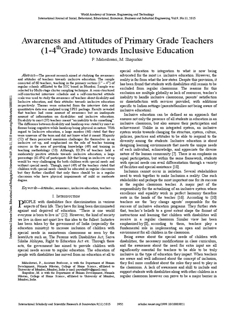 Awareness and Attitudes of Primary Grade Teachers 1 4thgrade Towards Inclusive Education | PDF ...