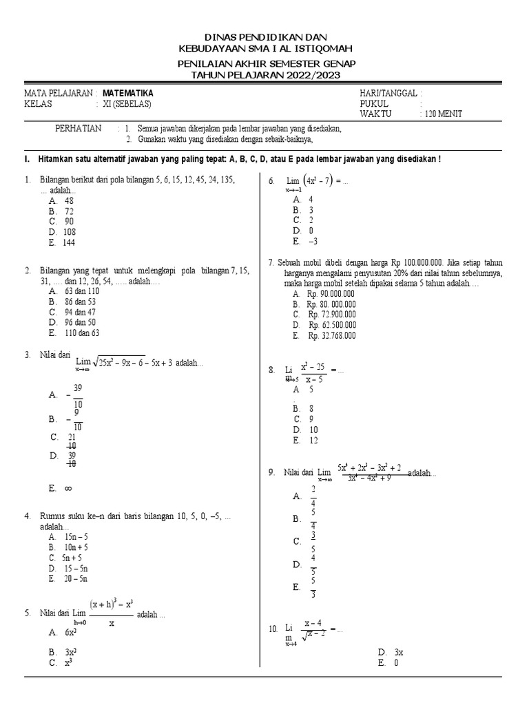 Soal PAT MTK Kelas XI | PDF