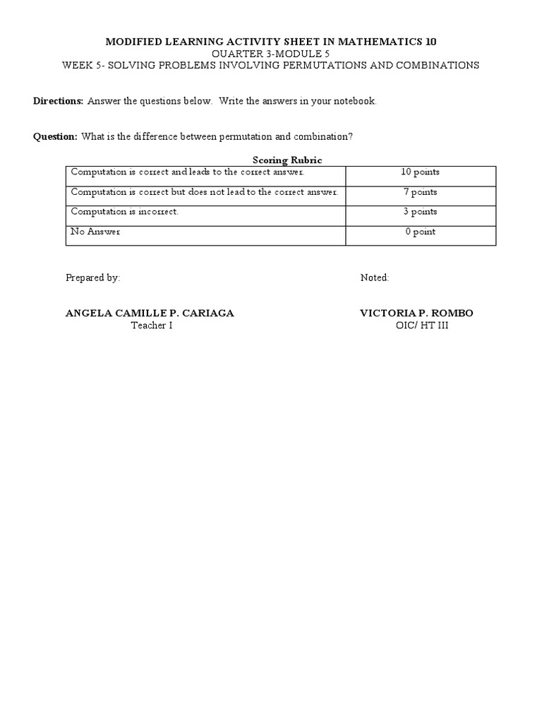 Modified Learning Activity Sheet in Mathematics 10-Q3 | PDF | Science