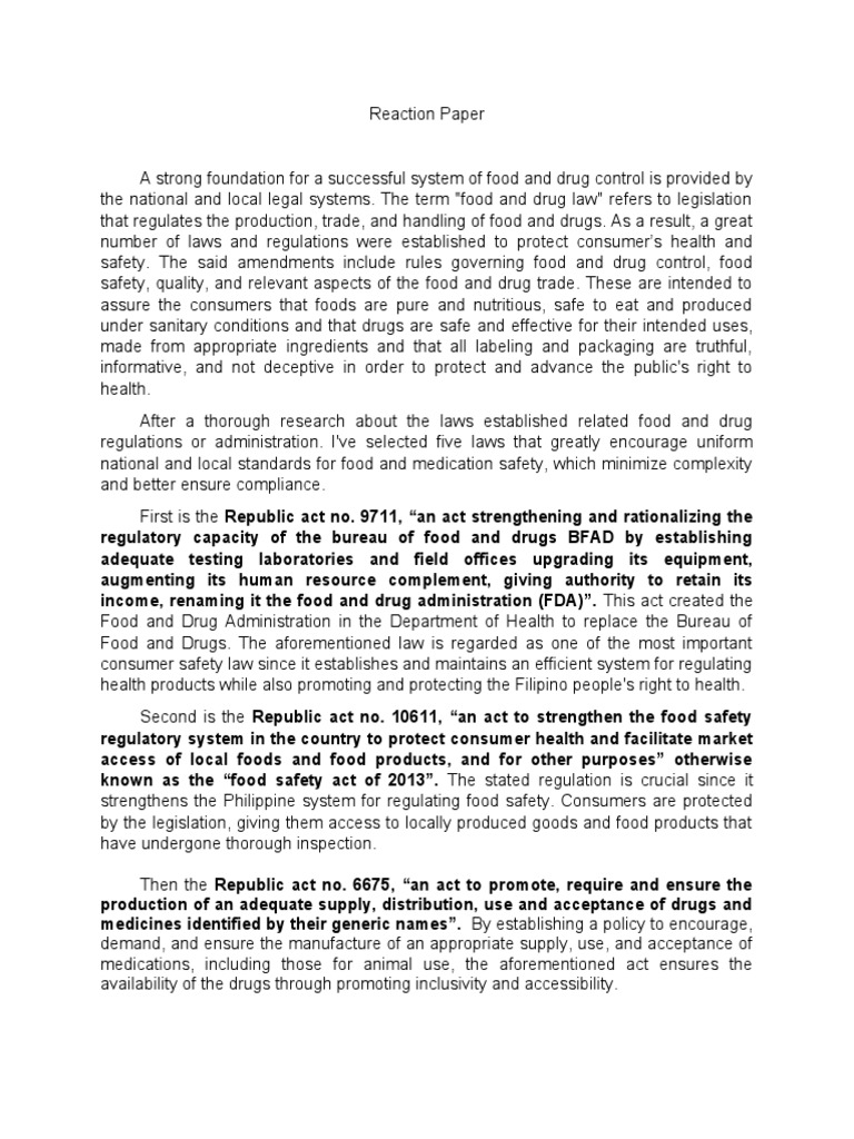 Reaction Paper | PDF | Food And Drug Administration | Food Safety