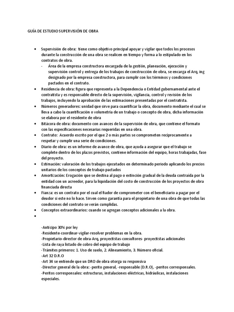 Guía de Estudio Supervisión de Obra | PDF | Contratista general