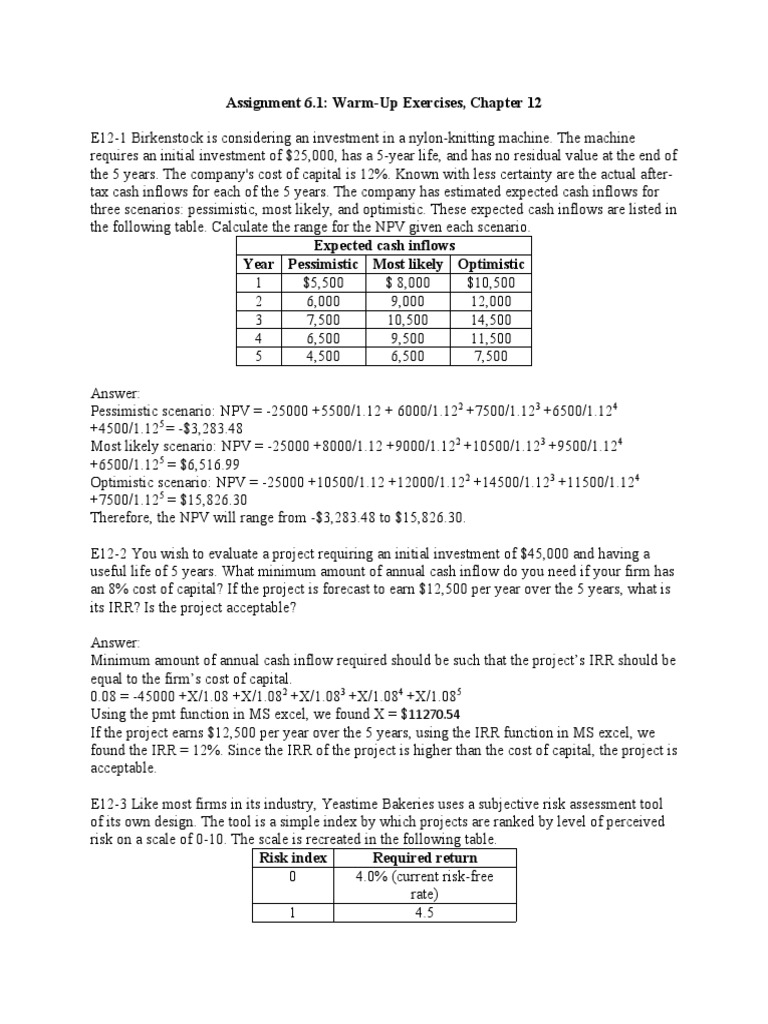 Assignment 6 1 Warm-Up Exercises Chapter 12 | PDF | Net Present Value | Capital Budgeting