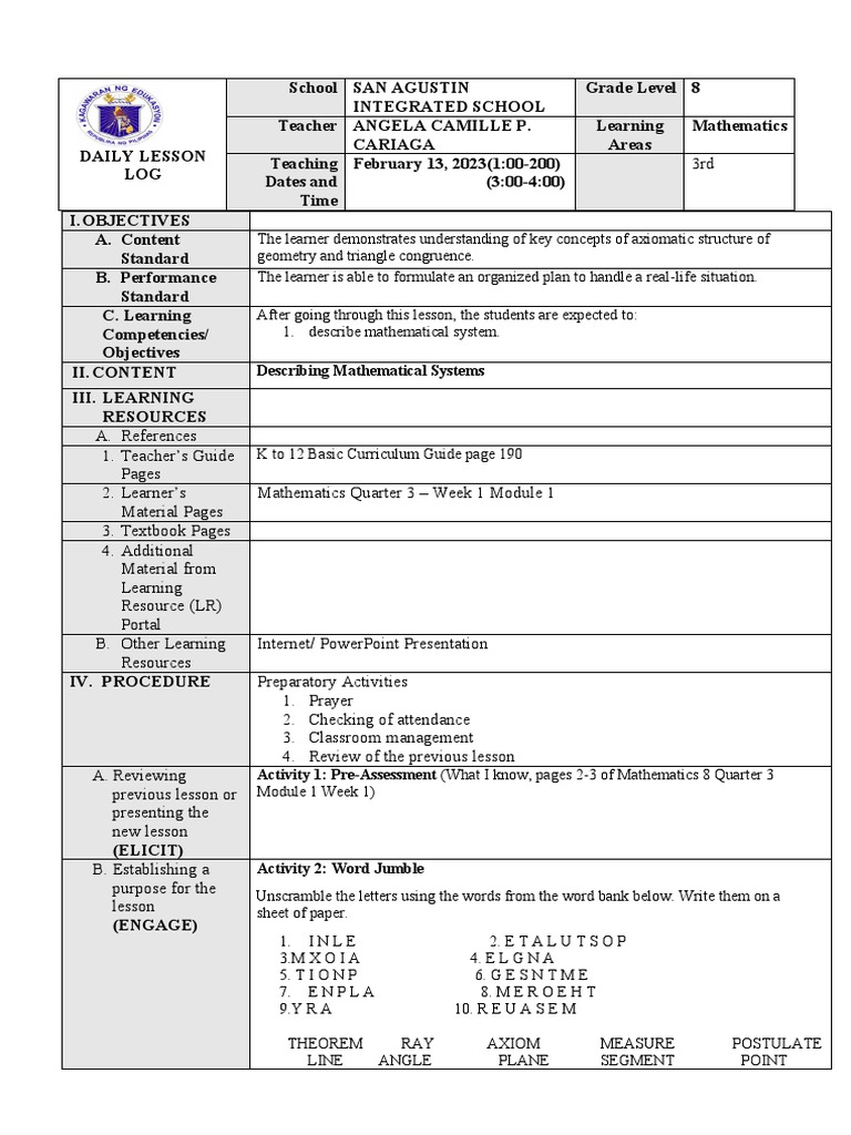 DLL Grade 8 Q3-Week 1-4 | PDF | Line (Geometry) | Axiom