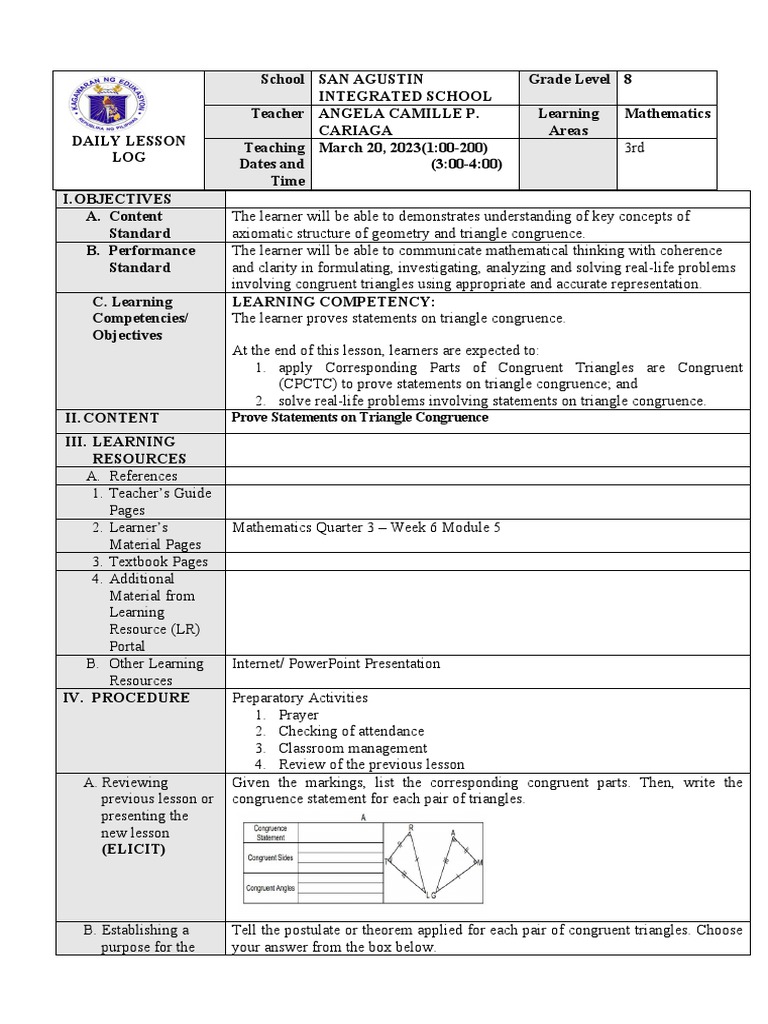 DLL Grade 8 Q3-Week 5-8 | PDF | Mathematical Proof | Triangle
